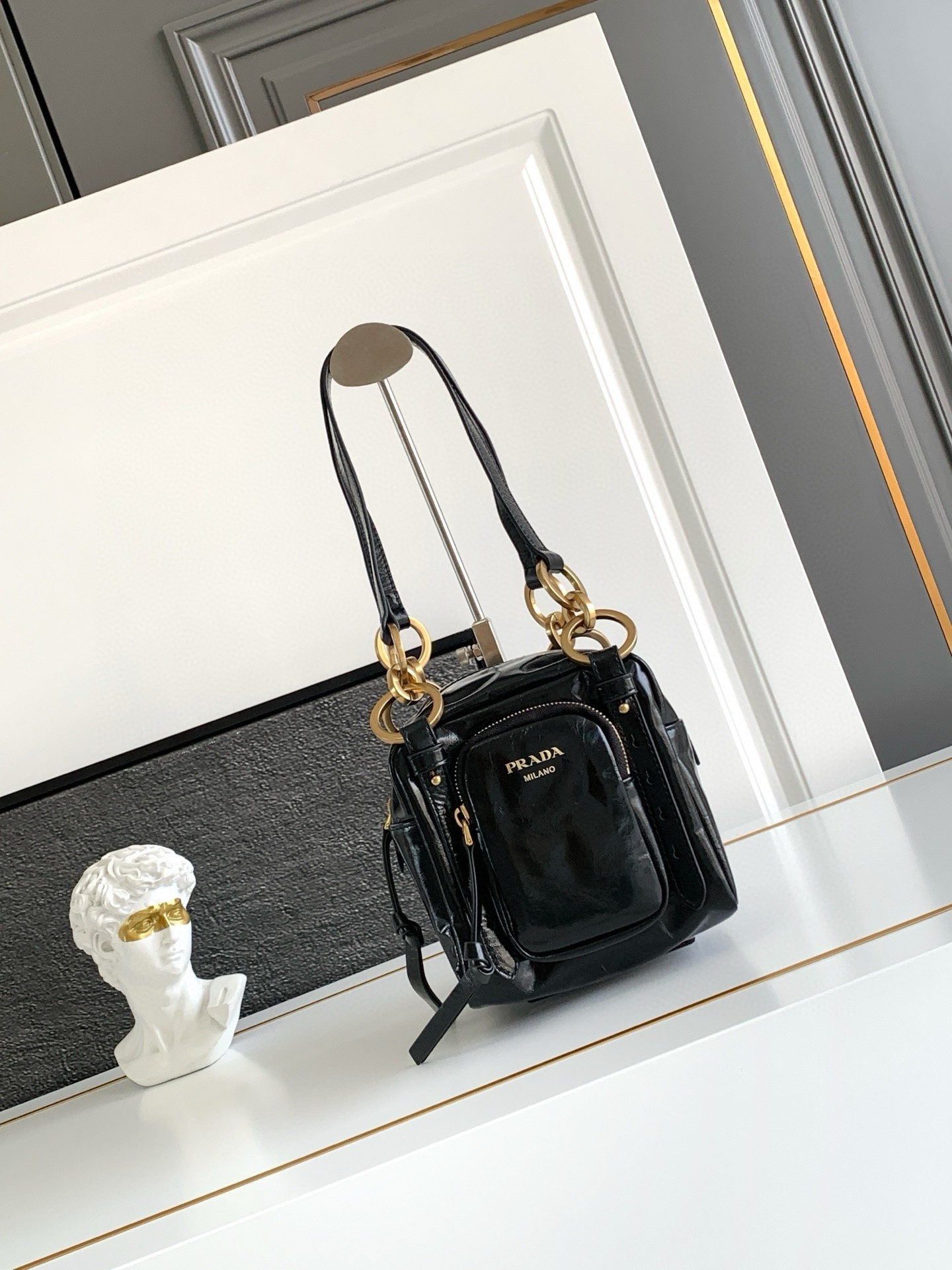 Replica Prada Dangle Top-handle Mini Bag in Black Vintage Leather