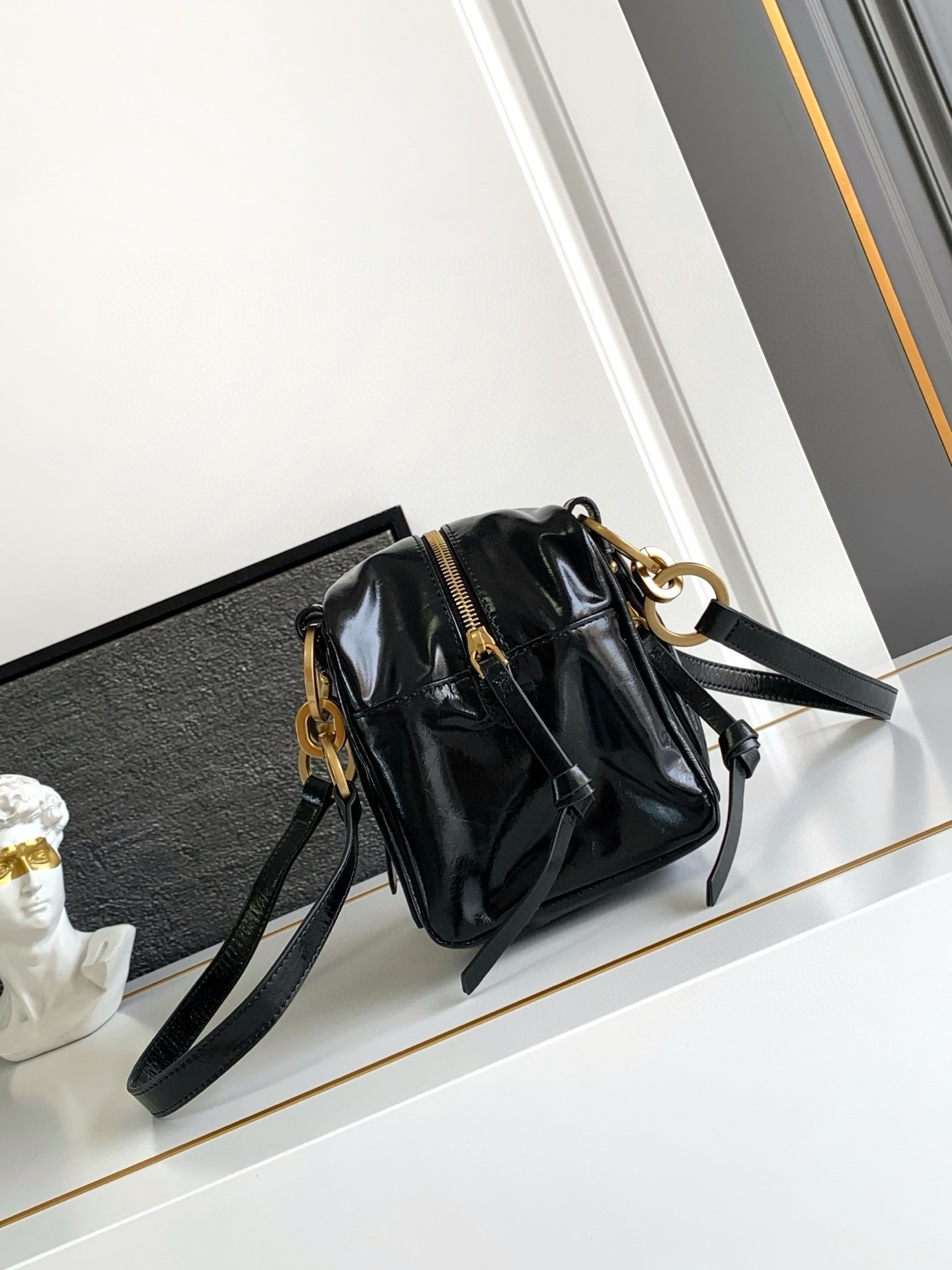 Replica Prada Dangle Top-handle Mini Bag in Black Vintage Leather