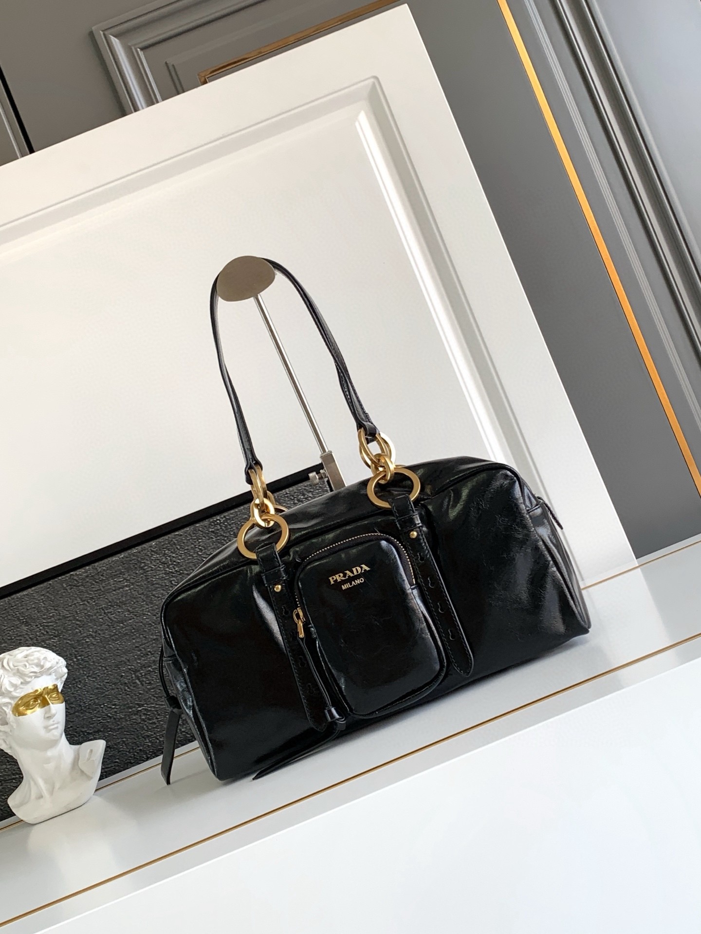 Replica Prada Dangle Top-handle Medium Bag in Black Vintage Leather