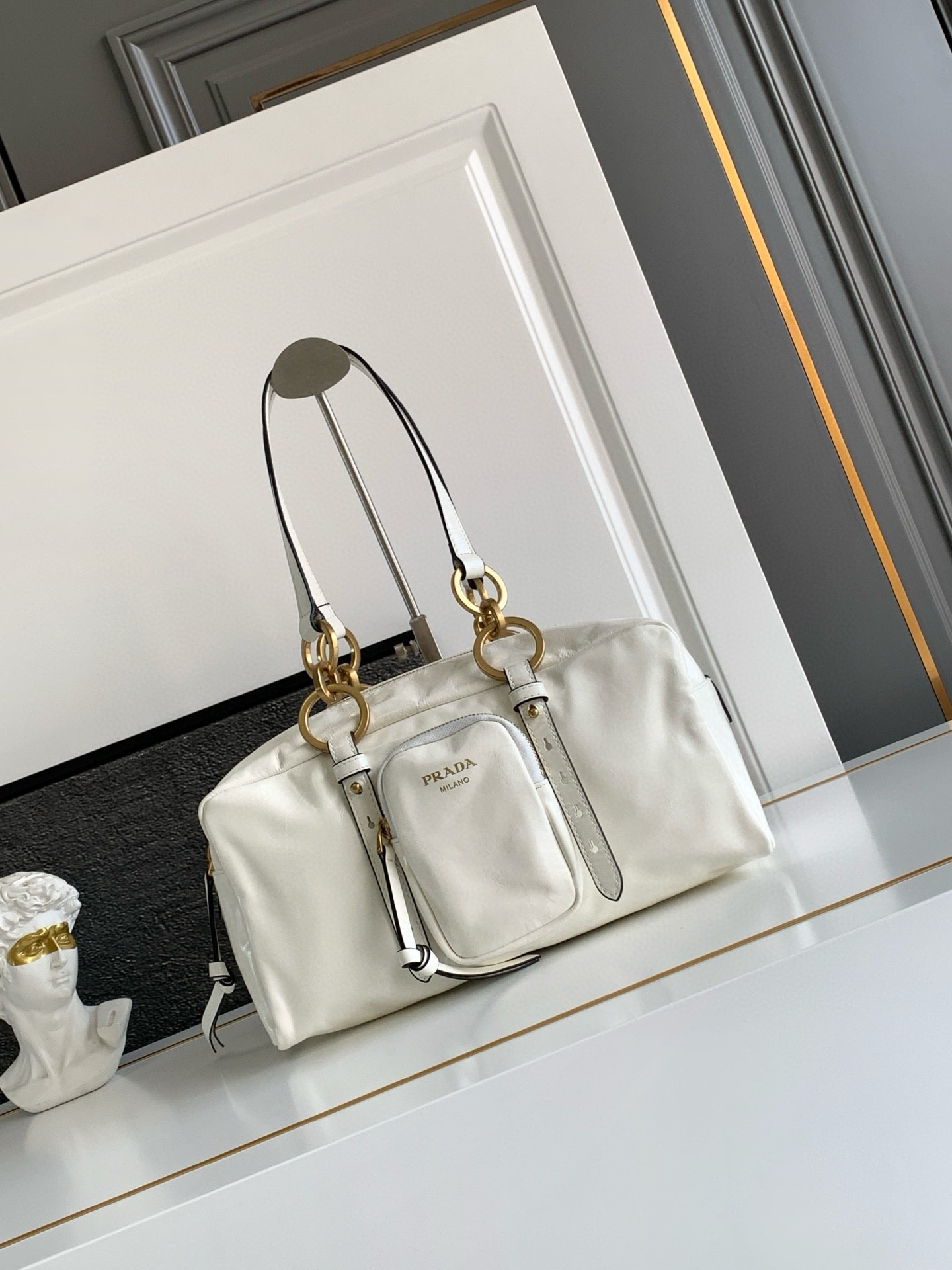 Replica Prada Dangle Top-handle Medium Bag in White Vintage Leather