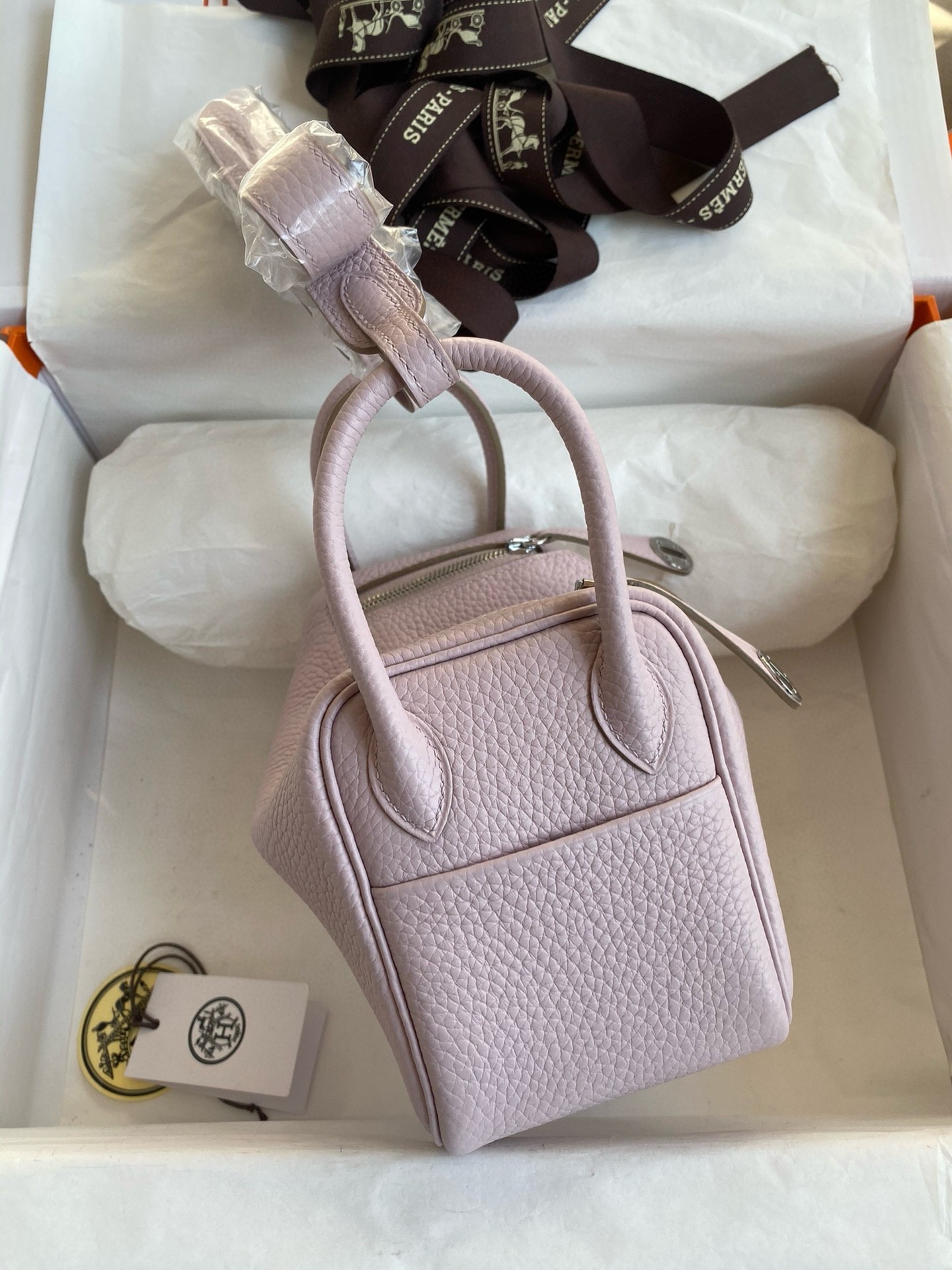 Replica Hermes Mini Lindy Handmade Bag in Mauve Pale Clemence Leather